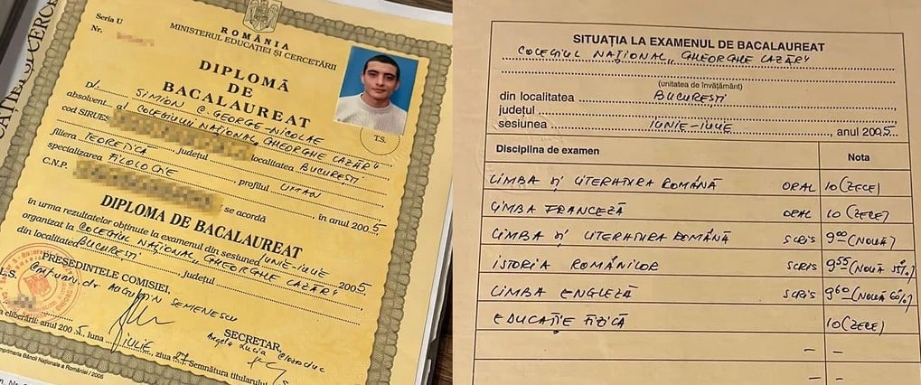Diploma de BACALAUREAT a lui George Simion. Am avut media 9,69 - 60m.ro